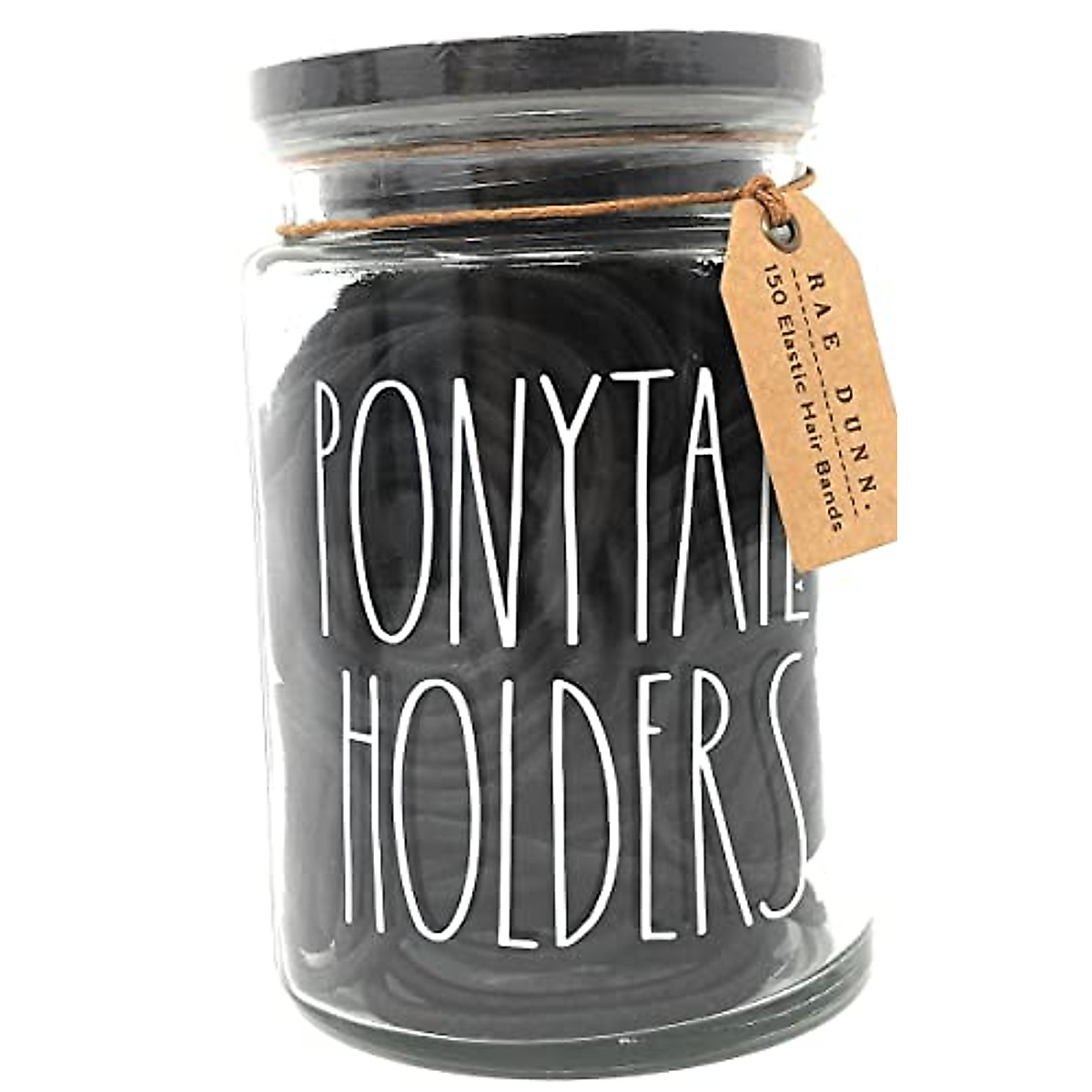 Rae Dunn by Magenta LL PONYTAIL HOLDERS Large Jar, 150 elastic hair bands ties, 5.5" tall x 3.75" wide, Glass, Bathroom, Bedroom, Scrunchy, Holder, Storage, Organizer, Apothecary, Vanity