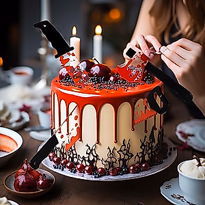 Huray Rayho Blood Splatter Knife Cake Toppers Horror Halloween Acrylic Cake Decorations for Spooky Killer Birthday Party Supplies Set of 4 Scary Crime Scene Decorations