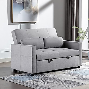 Haplized Loveseat Sleeper Sofa Bed, Light Grey Linen Fabric Convertible Sleeper Sofa with Pull-Out Couch Bed & Adjustable Cushions Backrest, Reclining Loveseat with Side Pocket for Living Room