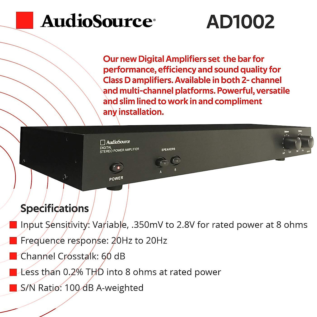 AudioSource Digital Amplifier, 2 Channel Stereo Power D Amplifier AD1002 for Home Sound Systems
