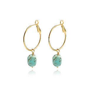 PEARLADA 18k Gold Hoop Earrings with Turquoise Charm Boho Dangle Drop Earrings Trendy Handmade Summer Jewelry