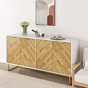 4 EVER WINNER Sideboard Buffet Cabinet, 55" Modern Credenzas Storage Cabinet with 4 Doors, Wood Buffet Storage Cabinet with Adjustable Shelves for Living Room Hallway, White and Gold