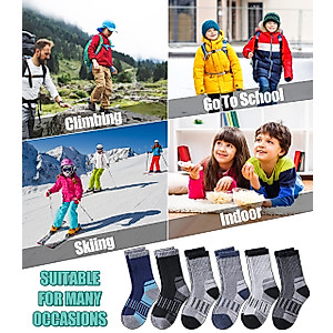 LINEMIN Kids Merino Wool Hiking Socks Toddlers Boys Girls Winter Warm Thick Thermal Boot Cushion Crew Socks 6 Pairs (8-12 Years, Mix Color Hiking Socks)