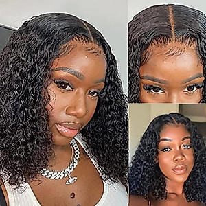 ISEE Short Bob Wigs 4x4 Lace Closure Human Hair Wigs Brazilian Curly Lace Front Wigs Pre Plucked Natural Black Color Curly Bob Wig Lace Front Wigs Middle Part Short Bob Wigs 12 Inches