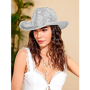 INOGIH Women Fringe-Rhinestone Western-Cowgirl-Hat Tassel-Decor Cowboy-Fedora-Hat for Party Music Festival Silver