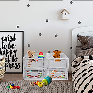 4-Pack Folding Storage Boxes Crate Collapsible Plastic Drawer Organizer , Stackable Shelf Storage Basket Food Fruit Vegetables Bottles Toy Organiser Baskets for Home Office Bedroom Kitchen -White