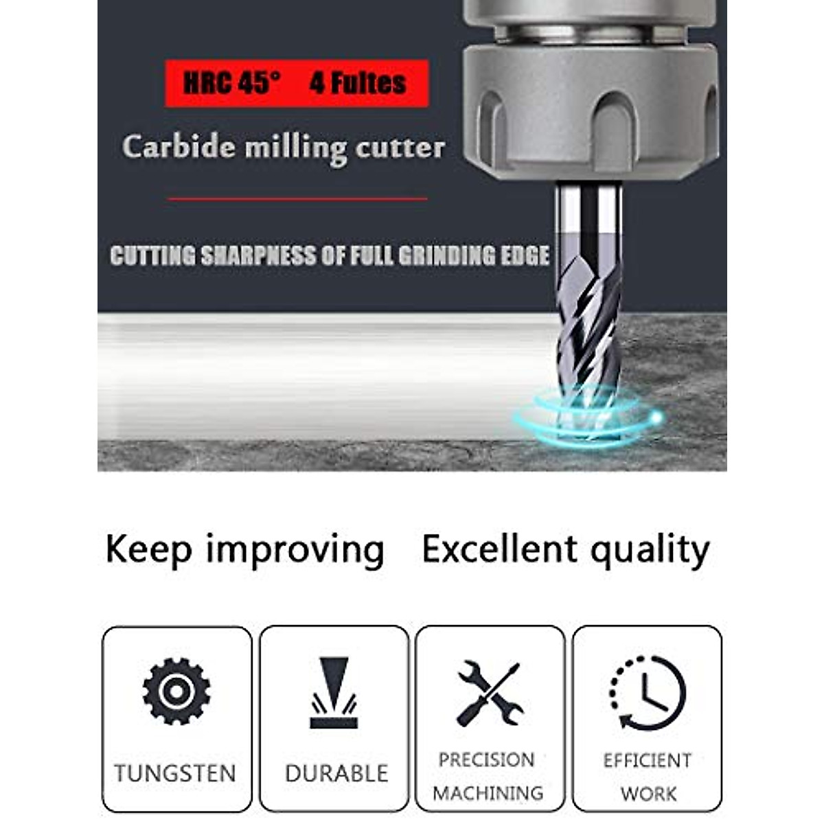 joleully 1/2" Carbide Square End Mill, HRC 45 Deg Single End 4 Flute AlTiN Coating Mill Bits