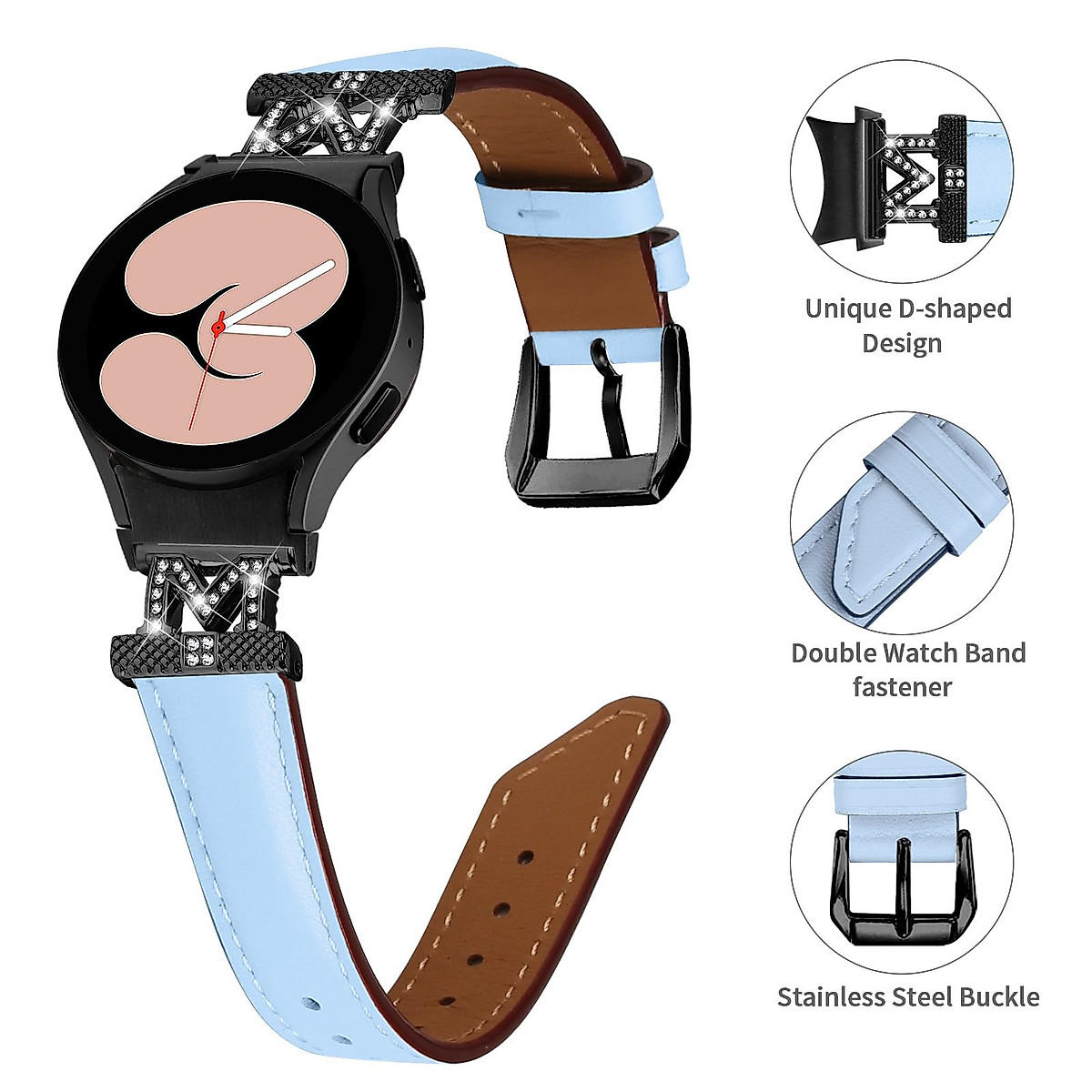 MVRYCE Strap Compatible with Galaxy Watch 5 40 mm 44mm, 5.0"-7.8" Replacement Genuine Leather Band Wristband for Galaxy Watch 4 Classic 42mm 46mm/Watch 5 Pro 45mm (Blue)