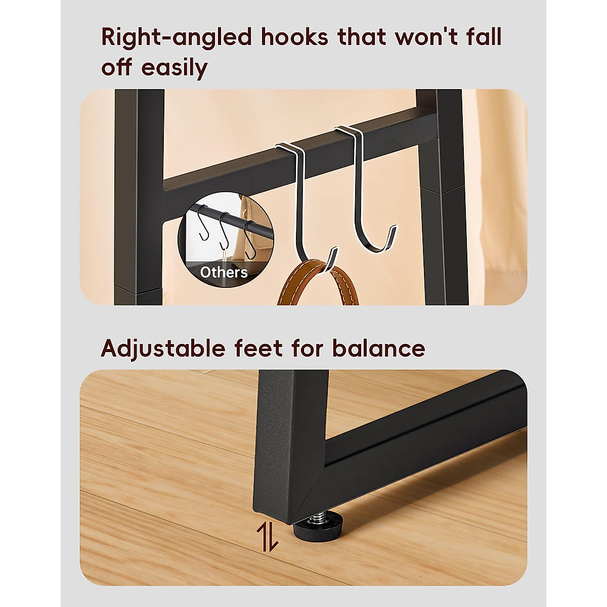 Asgolion Clothing Rack, Clothes Rack for Hanging Clothes, Garment Rack with 2 Shelves and 4 Hooks, Metal Standing Clothes rack for Bedroom, Closet, Rustic Brown