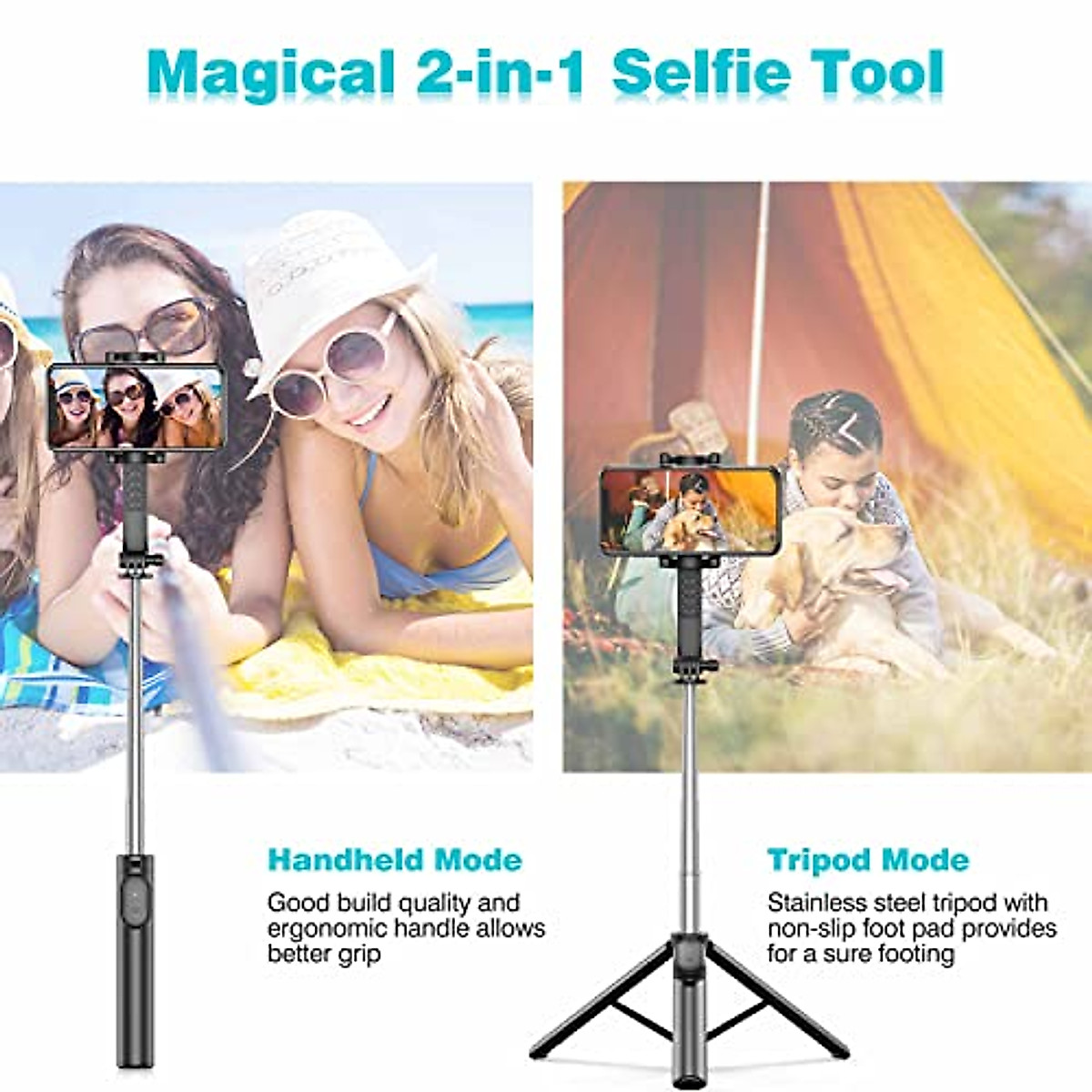 Selfie Stick, Extendable Selfie Stick Tripod with Wireless Remote, Portable Phone Tripod Stand for Group Selfie/Live Streaming/Video Recording Compatible with All Cellphone, Compact Size & Lightweight