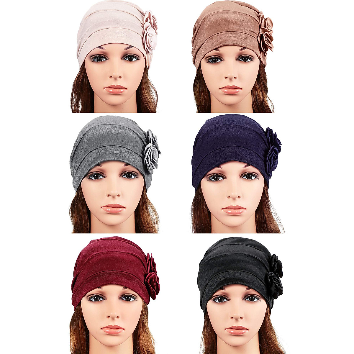 6 Pieces Women Turban Flower Caps Vintage Beanie Headscarf Elastic Headwrap Hat
