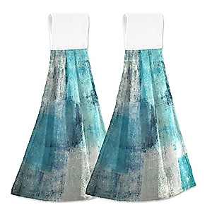 Modern Teal Turquoise Hanging Kitchen Towels 2 Pack Dish Cloth Tie Towel, Abstract Painting Absorbent Soft Hand Towels with Hanging Loop for Bathroom Farmhouse Bar Tabletop Home Decor