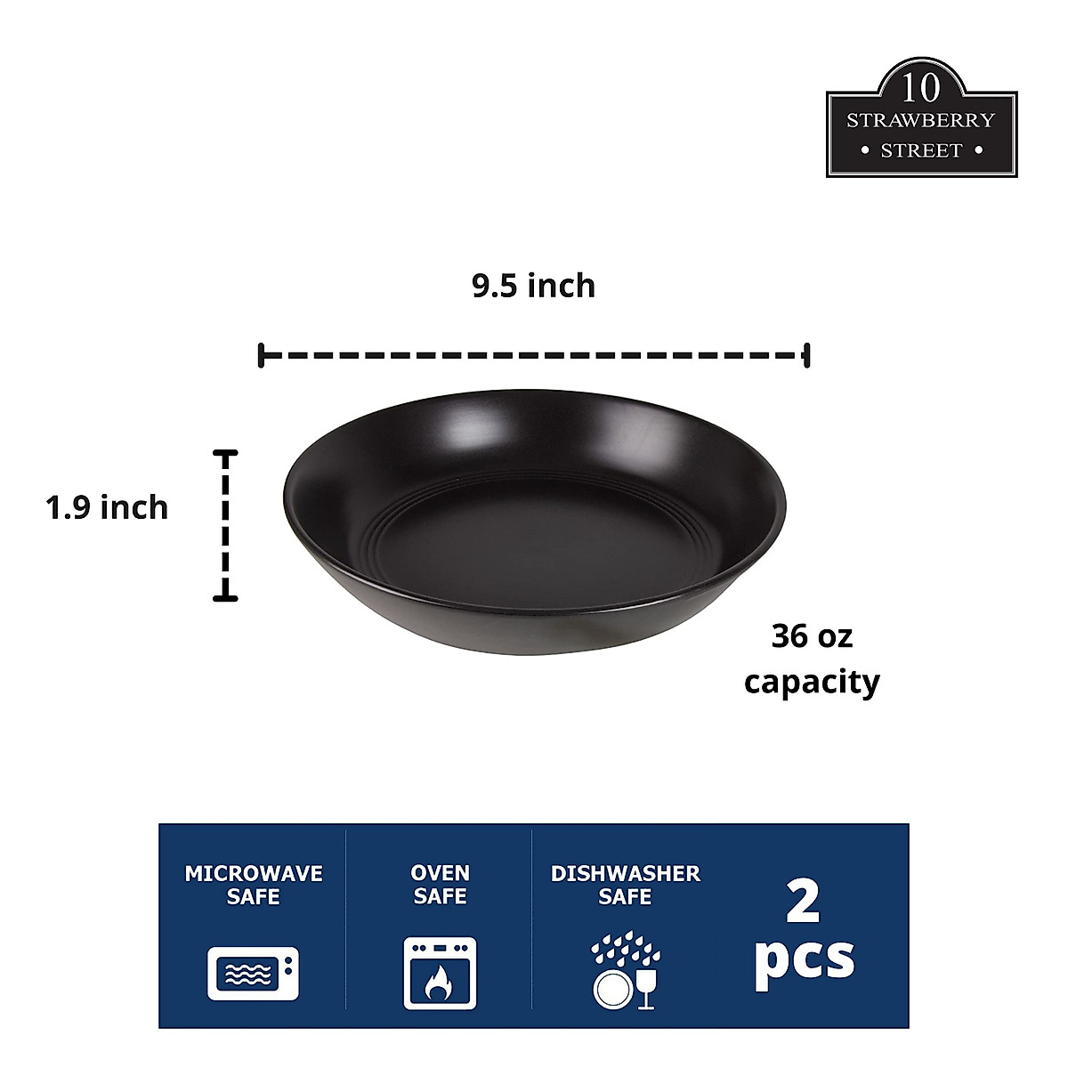 Double Line 9.5"/36 oz Dinner Bowl, Set of 2, Matte Black