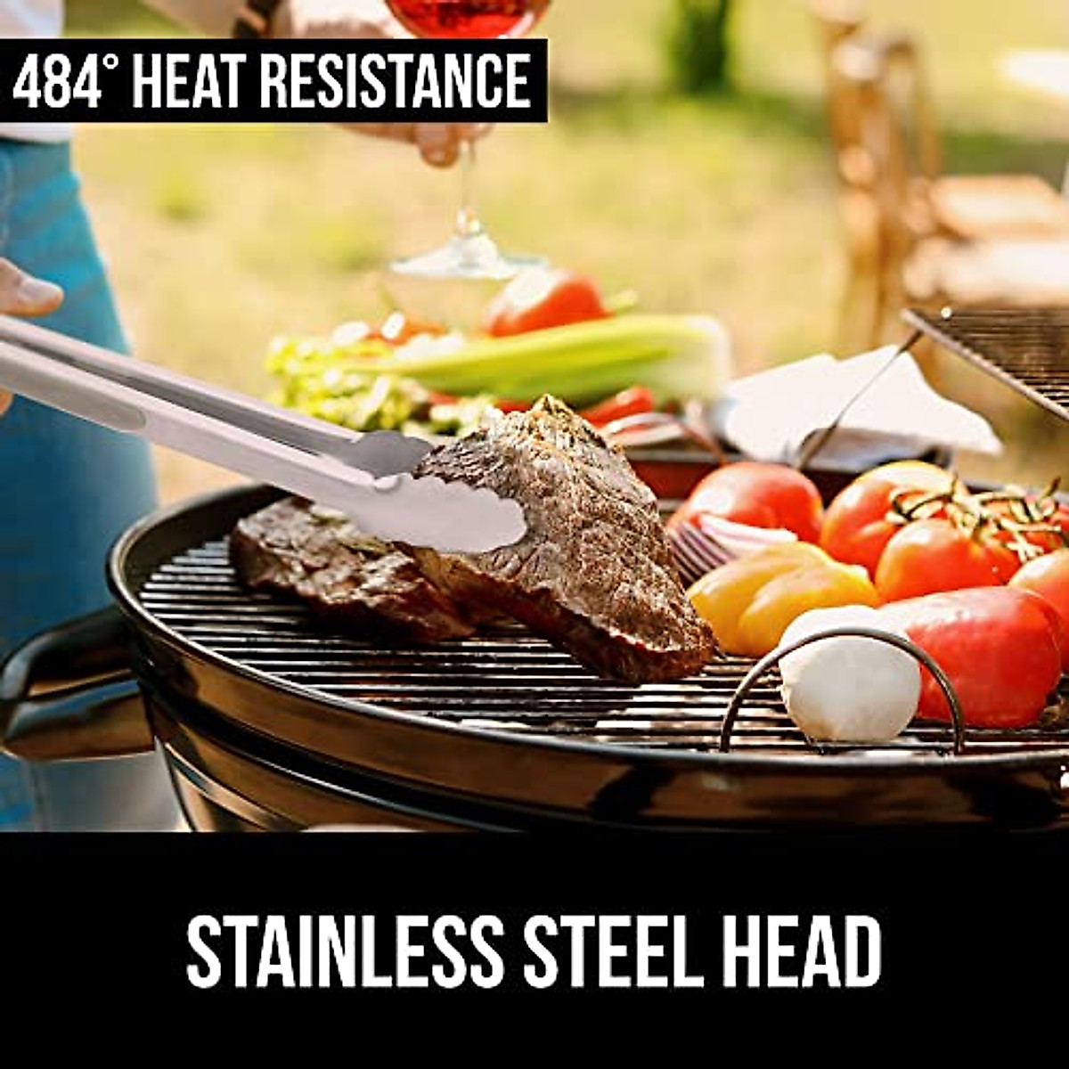 Gorilla Grip Stainless Steel Metal Tongs, 16 Inch, Heat Resistant up to 484 Degrees, Kitchen Utensil, Comfortable Silicone Handle, Easy Pull Lock, Strong Kitchen Tong for Cooking, Grilling, Almond