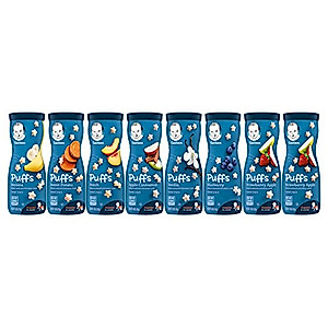 Gerber Puffs Variety Pack - 1 Banana, 1 Sweet Potato, 1 Peach, 1 Apple Cinnamon, 1 Vanilla, 1 Blueberry, 2 Strawberry Apple - 1.48 OZ each (8 CT)