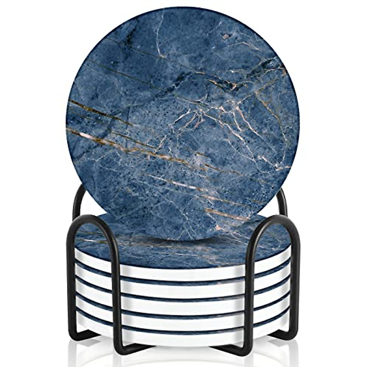 Emerson 100% Ceramic Coasters for Drinks Absorbent – Coffee Table Set of 6 with Holder, Wooden Tabletop Protection Marble Style - 4” Inch Non-Slip & Cork Bottom - Heavy Duty Drink Coasters (Ocean)