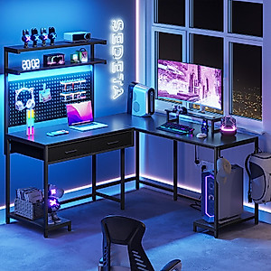 SEDETA L Shaped Gaming Desk with LED Lights, Pegboard and Drawers, Gaming Desk with Hutch, Computer Desk with Monitor Stand, Storage Shelves, Home Office Desk Corner Desk, Gaming Table, Black