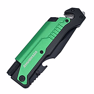 SHUBHADA Folding Pocket Knives Multi Function Emergency Tool Knives Led Light Magnesium fire starter Seatbelt cutter Glass breaker Bottle opener（Green）