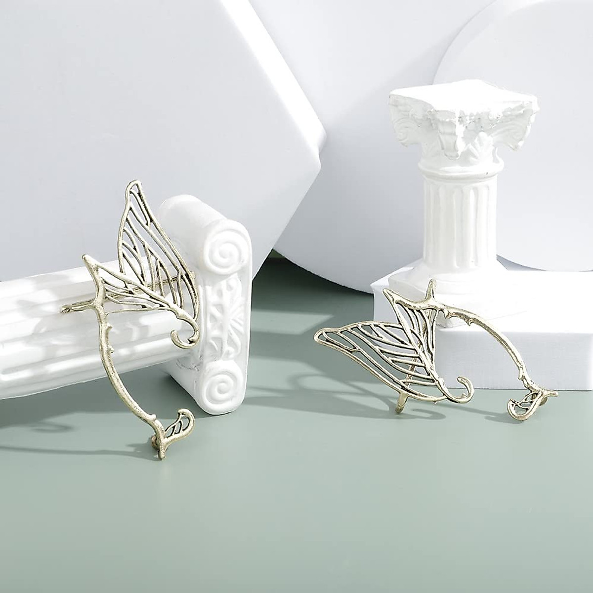 Jumwrit Elven Ear Cuffs Goth Elf Fairy Earrings Hollowed Ear Clips Fantasy Cosplay Earrings Cuff Wrap Earrings Vintage Stud Earrings（Gold）