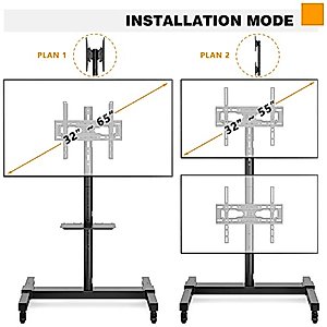 5Rcom Rolling / Mobile TV Cart with Wheels for 32 to 55 Inch LCD LED 4K Flat Curved Screen Vertical TVs-Height Adjustable Screen Tilt Rolling TV Stand for 2 TVs with Laptop Shelf Holds Up to 132 lbs
