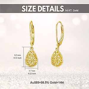 Filigree Leverback Earrings 14k Solid Gold Teardrop Earrings for Women Daisy Flower Leverback Heart Dangle Drop Earrings Jewelry Christmas Gifts for Her