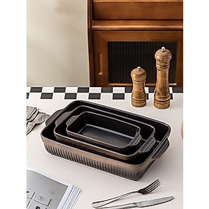 Kanwone Ceramic Baking Dishes, Rectangular Lasagna Pans, Casserole Dishes, Bakeware Set for Cooking, Kitchen, Cake Dinner, 9 x 13 Inches, Stripe Series - Reactive Glazed (Matte Black)