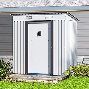 JAXPETY 4' x 6' Large Outdoor Storage Shed Box, Backyard Garden Steel Utility Tool Sheds Lawn Building Garage Organizer w/ Sliding Door, Inclined Roof, 2 Vents, Gray