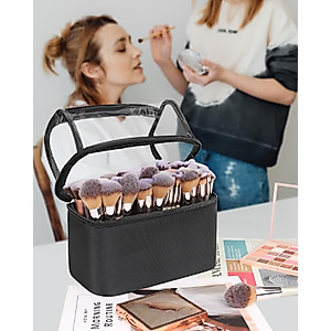 Makeup Brush Case Makeup Brush Organizer Bag Travel Stand-up Makeup Cup Professional Cosmetic Bags Artist Storage Bag with Adjustable Dividers Flip-Top Makeup Brush Holder (Black)