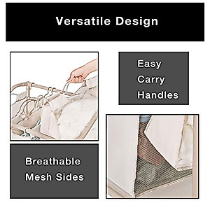 Smart Design Deluxe Rolling Triple Compartment Laundry Sorter Hampers with Wheels - Holds 6 Loads - Sturdy Steel Metal Frame - Clothes and Laundry - Home Organization - 30 x 32 Inch - Beige