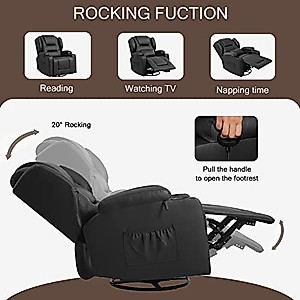 VUYUYU Manual Recliner Chair, Faux Leather 360 Degree Swivel Rocker Recliner Chairs for Living Room, Home Theater Single Sofa Seat with Drink Holders/Lumbar Pillow/Side Pockets (Black) XP7066