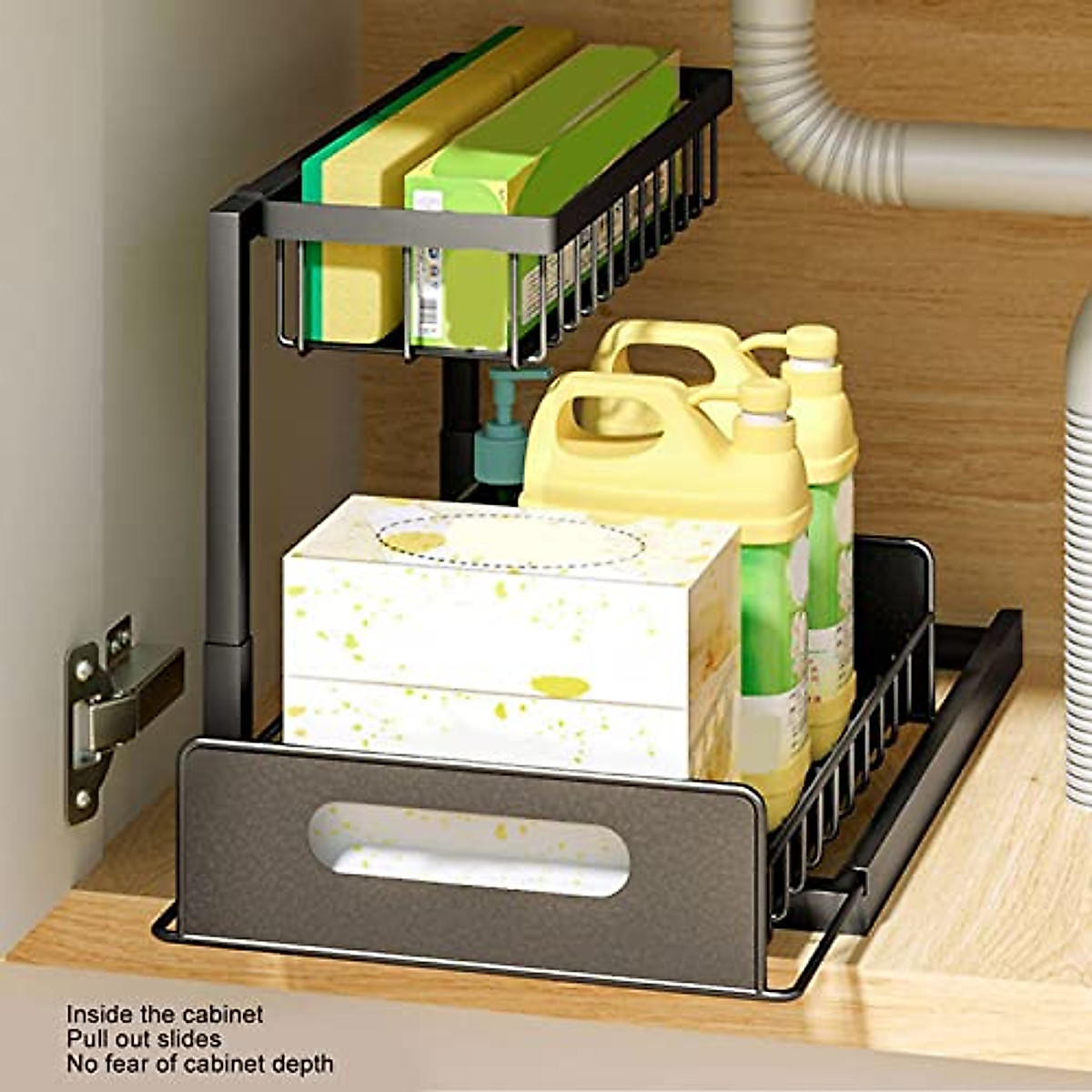 Miskall Under Sink Organizer L Shape 2 Tier Slide Out Sink Shelf for Under Kitchen Bathroom Sink Organizers and Storage Cabinet Organizer Black