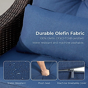 CHITA Patio Wicker Chair, 360° Rocking Swivel Outdoor Rattan Chair with Thickened Cushions for Backyard, Poolside, Garden or Porch, Blue Cushions with Chestnut Wicker