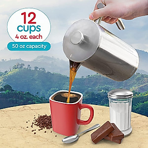 Belwares French Press Coffee Maker 50 Oz – Insulated Coffee Press Stainless Steel 304 Large – Coffee Spoon, Double Wall, & 4 Level Filtration System (1.5 Liter) – Silver