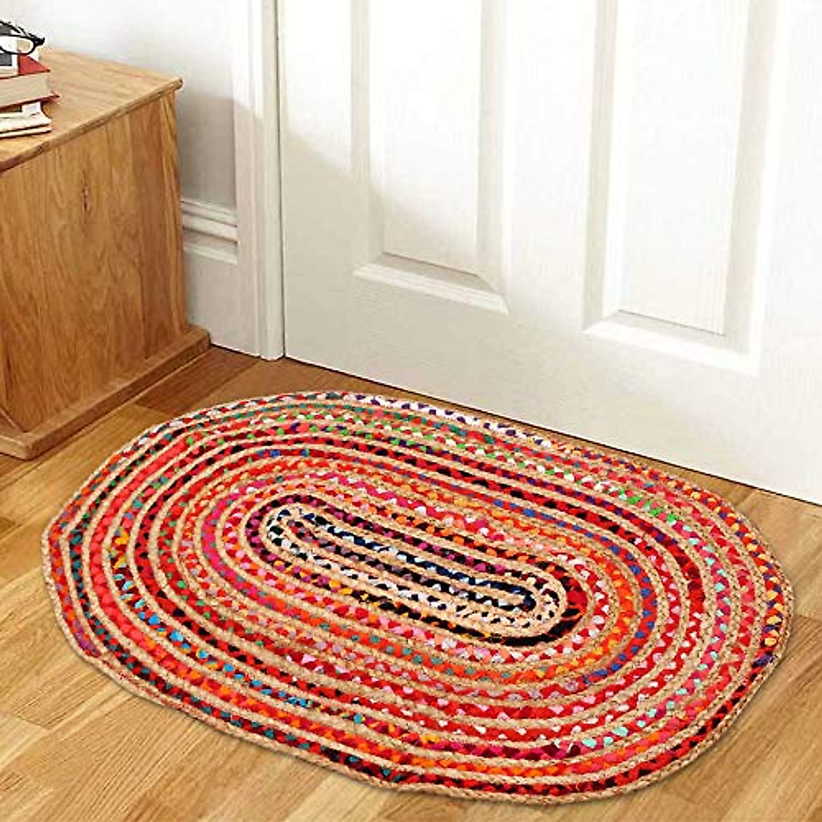 Jute Multi Chindi Oval Braided Rug, Tightly Braided Chindi and Jute Rug,Reversible,Durable,Sustainable Rug Pad, Shag Rugs for Bedroom, Floor Rug, Bedroom Rugs, Jute Kitchen Rug-24x36 Inch Multi Color