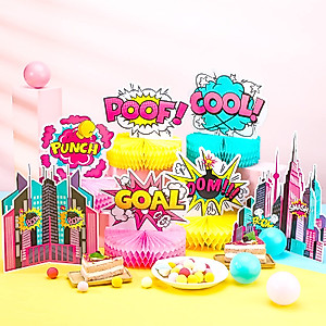 8 Pcs Hero Girl Party Supplies Hero Honeycomb Action Sign Pink Table Topper Centerpiece Paper Cardboard Cutouts for Happy Birthday Baby Girl Shower Party Favor