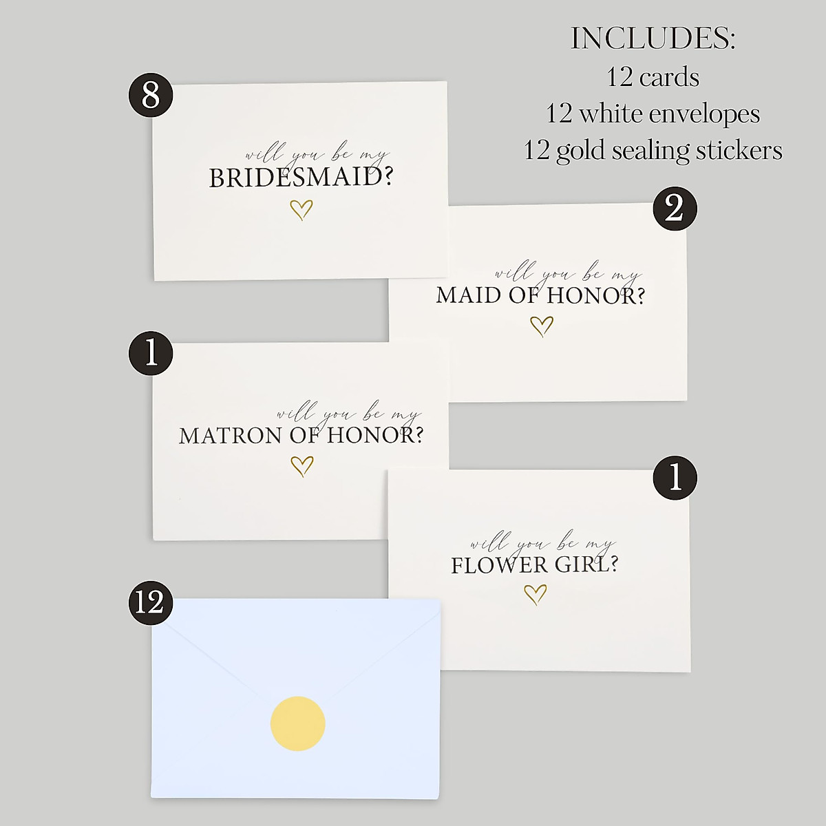 apearrie 12 Will You Be My Bridesmaid Card Set- 8 Bridesmaid Proposal Card, 2 Maid of Honor Cards, 1 Matron of Honor Card, 1 Flower Girl Card- Bridesmaid Proposal Cards with Gold Stickers