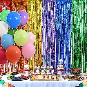 BEISHIDA 4 Pack Rainbow Streamers Fringe Foil Curtain Backdrop Curtain, Tinsel Curtain Wall Door Party Streamers for Birthday Party Decoration(3.28 ft x 6.56 ft)