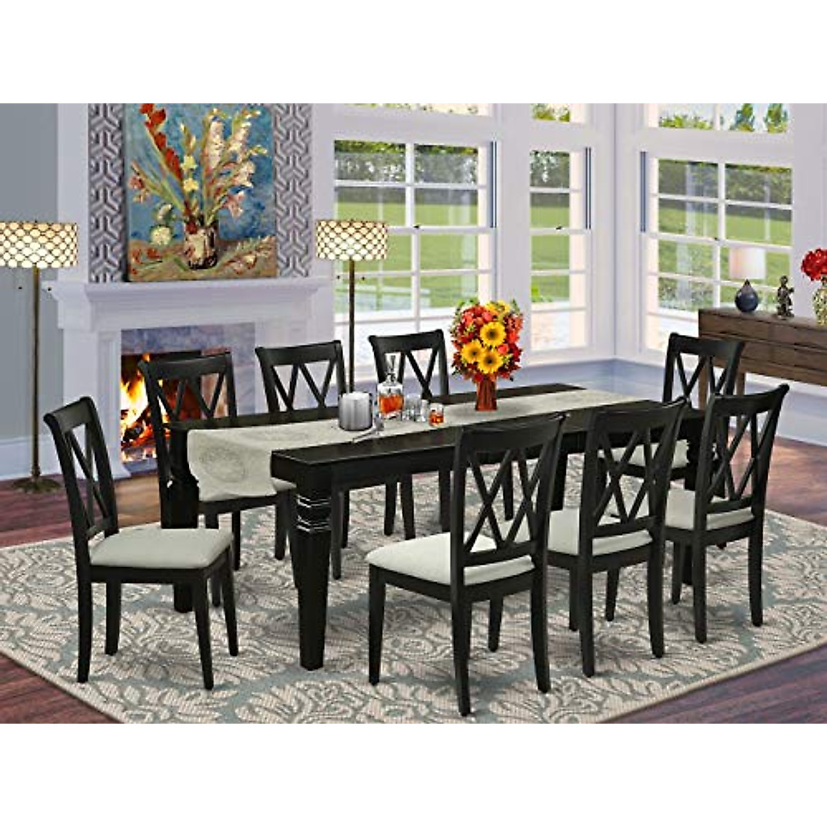 EAST WEST FURNITURE 9Pc Dining Set Includes a Rectangle Dining Table with Butterfly Leaf and Eight Double X Back Microfiber Seat Kitchen Chairs, Black Finish