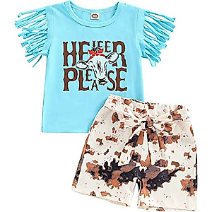 Bonangber Western Baby Girl Clothes Short Sleeve Cow T-Shirt Bell Bottoms Flared Pants Set Toddler Girls Summer Outfit (Blue Cows,4-5T)