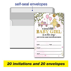 brayqu Winnie the Pooh Girl Baby Shower Party Invitations Pink Baby Shower Girl Party Invites (20 Cards with Envelopes)