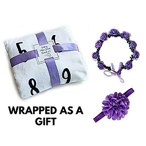 Baby Monthly Milestone Blanket | Includes Floral Wreath & Headband | 1 to 12 Months | Extra Soft Fleece | Best Photography Backdrop Photo Prop for Newborn | Baby Girl