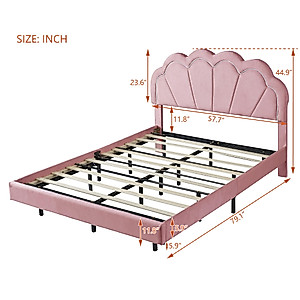 Merax Luxury Full Bed Frame, Upholstered Platform Bed with Velvet Headboard and Led Light/Mattress Foundation/Easy Assembly, Pink