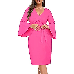 Hot Pink Barbie Dress Plus Size Wrap Around Cocktail Wedding Guest Bell Sleeve Elegant Evening Party Bodycon Dress Curvy Women