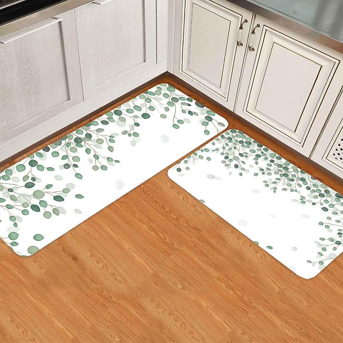 Kitchen Mat Set of 2 Anti-Fatigue Kitchen Rug, Watercolor Green Eucalyptus Nature Non-Slip Kitchen Mats and Rugs, Kitchen Doormat Runner Rug for Floor Home Office Sink Laundry, Spring Plant Green Leaf