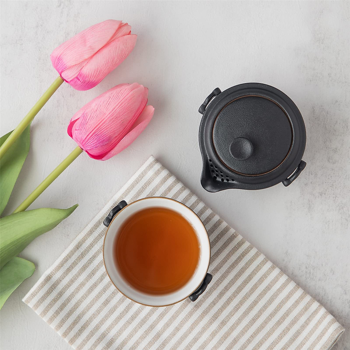 HEER Chinese Travel Gaiwan Tea Set for One, Ceramic Small Kungfu Teapot with Teacup for Adults, Japanese Style Tea Accessories for Tea Lovers.