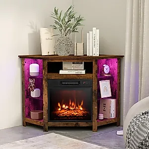 Tangkula 45 Inches TV Stand with Fireplace Insert, Electric Fireplace Entertainment Center with Adjustable Shelves, 3 Brightness, Overheat Protection, Fit TVs up to 50 Inches (Rustic Brown)