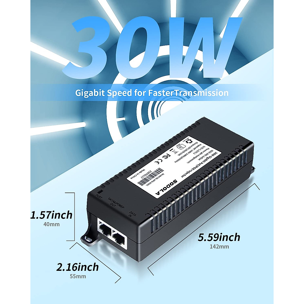 SODOLA POE Injector,30W Gigabit Power Over Ethernet PoE+ Injector Adapter | Convert Non-PoE to PoE Adapter |10/100/1000Mbps RJ-45 | 802.3 af/at | Plug & Play | up to 100 Meters (325 Feet)