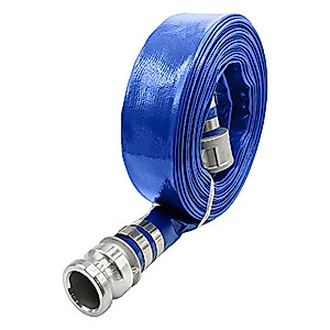 Poolzilla 1.5" x 100' Flat Industrial Blue PVC Backwash Hose with Aluminum Camlock with C & E Fittings, Heavy Duty Reinforced Pump Backwash Hose For Swimming Pools & Spas, 90 PSI Max Pressure