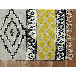Casavani Hand Made Cotton Dhurrie Geometric Yellow & Black Tassel Rug Easy Care Washable Rugs for Doormat Entryway Living Room Bedroom Hallway Balcony 8x10 Feet