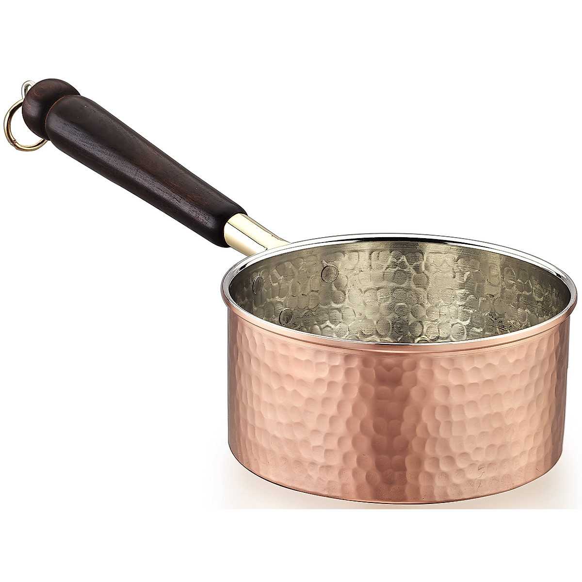 DEMMEX Copper Saucepan & Butter Warmer, 1mm Thick Solid Uncoated Hammered Copper, Wooden Handle, Tin Lined, 100% Handmade (1.2 Quarts-6"x2.8")